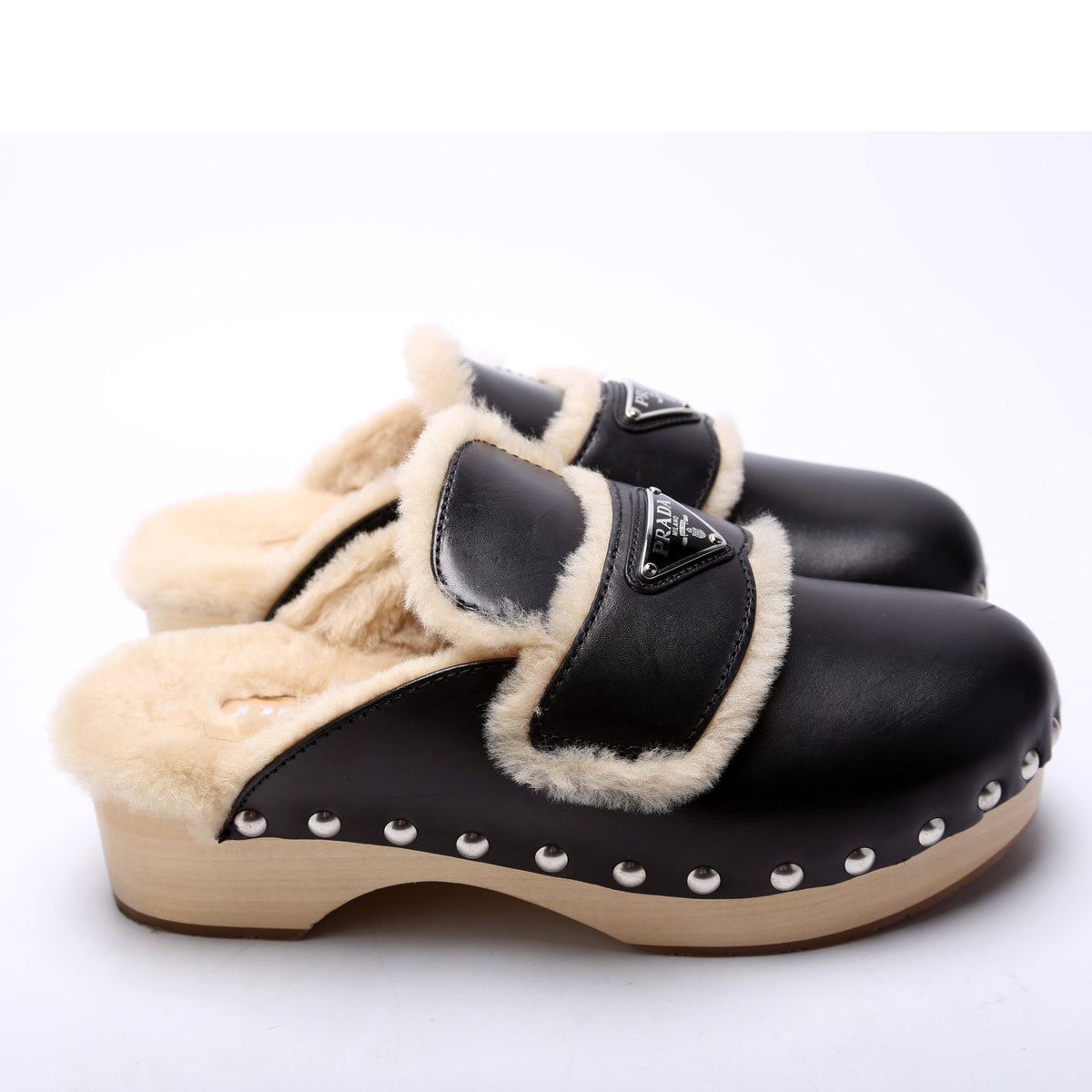 Triangle Logo Leather/Shearling 45MM Clogs Size 38